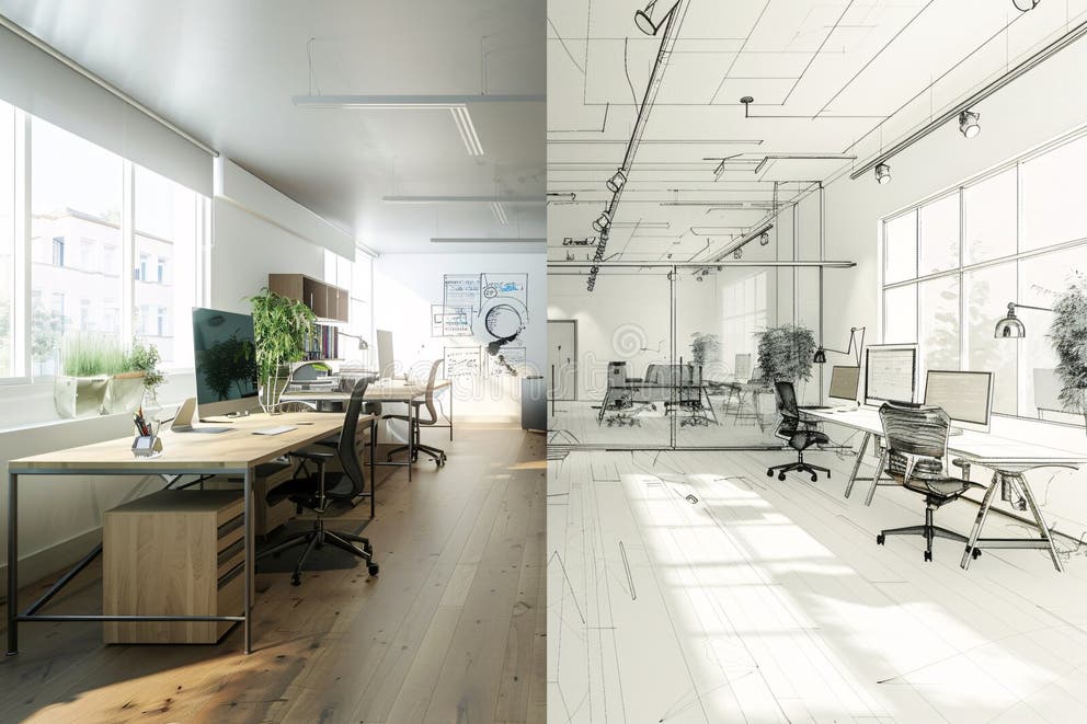 Modern Office Transition from Technical Drawing, Blueprint To Reality ...