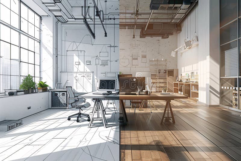 Modern Office Transition from Technical Drawing, Blueprint To Reality ...