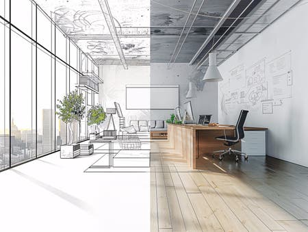 Modern Office Transition from Technical Drawing, Blueprint To Reality ...