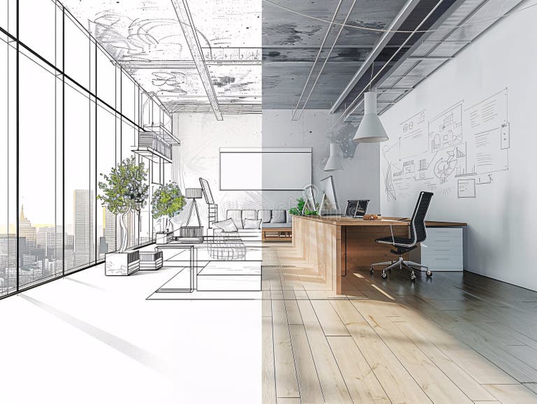 Modern Office Transition from Technical Drawing, Blueprint To Reality ...