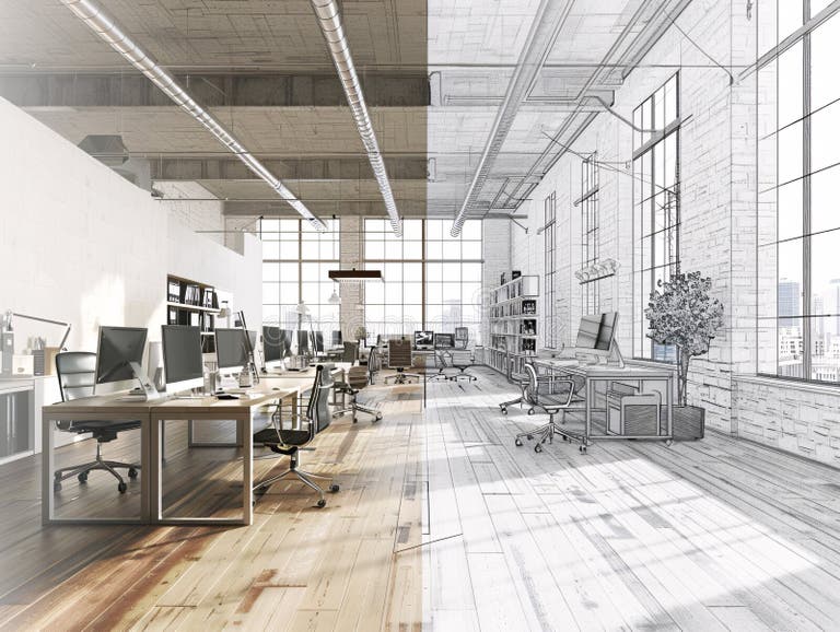 Modern Office Transition from Technical Drawing, Blueprint To Reality ...