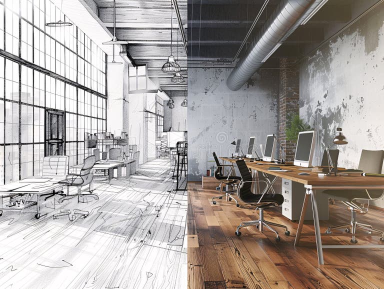 Modern Office Transition from Technical Drawing, Blueprint To Reality ...