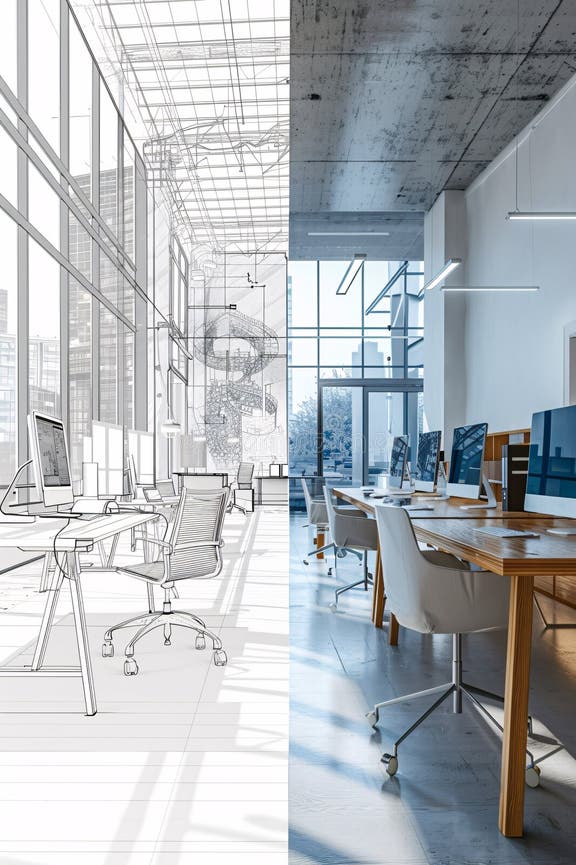 Modern Office Transition from Technical Drawing, Blueprint To Reality ...