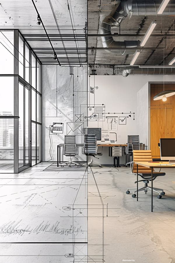 Modern Office Transition from Technical Drawing, Blueprint To Reality ...
