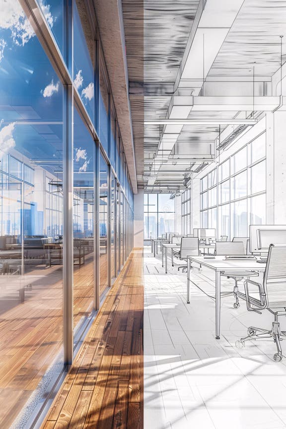 Modern Office Transition from Technical Drawing, Blueprint To Reality ...