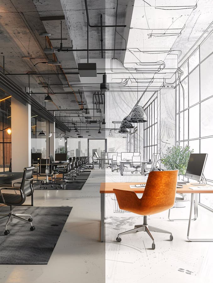 Modern Office Transition from Technical Drawing, Blueprint To Reality ...