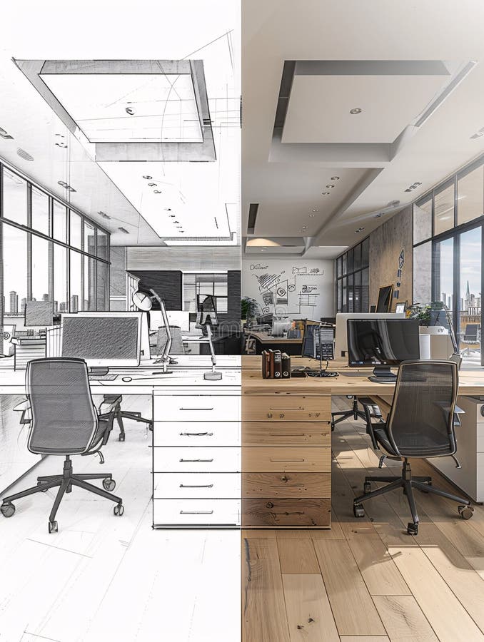 Modern Office Transition from Technical Drawing, Blueprint To Reality ...