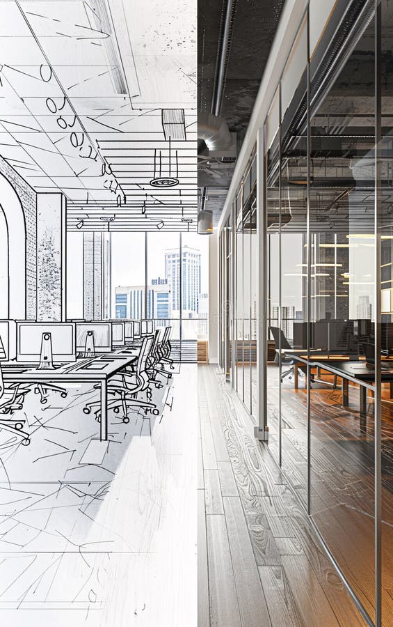 Modern Office Transition from Technical Drawing, Blueprint To Reality ...