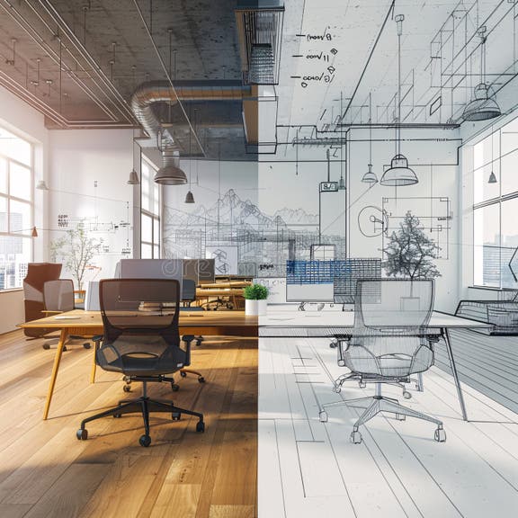 Modern Office Transition from Technical Drawing, Blueprint To Reality ...