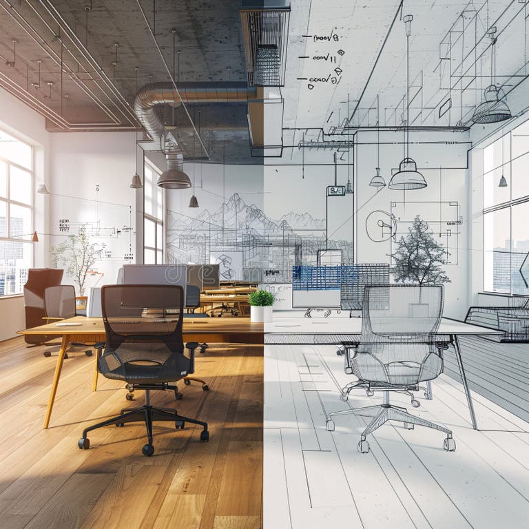 Modern Office Transition from Technical Drawing, Blueprint To Reality ...