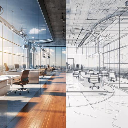 Modern Office Transition from Technical Drawing, Blueprint To Reality ...