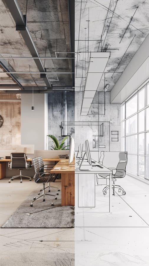 Modern Office Transition from Technical Drawing, Blueprint To Reality ...