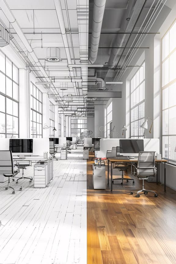 Modern Office Transition from Technical Drawing, Blueprint To Reality ...