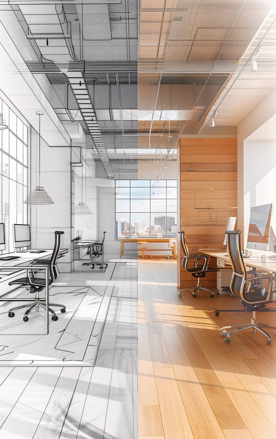Modern Office Transition from Technical Drawing, Blueprint To Reality ...