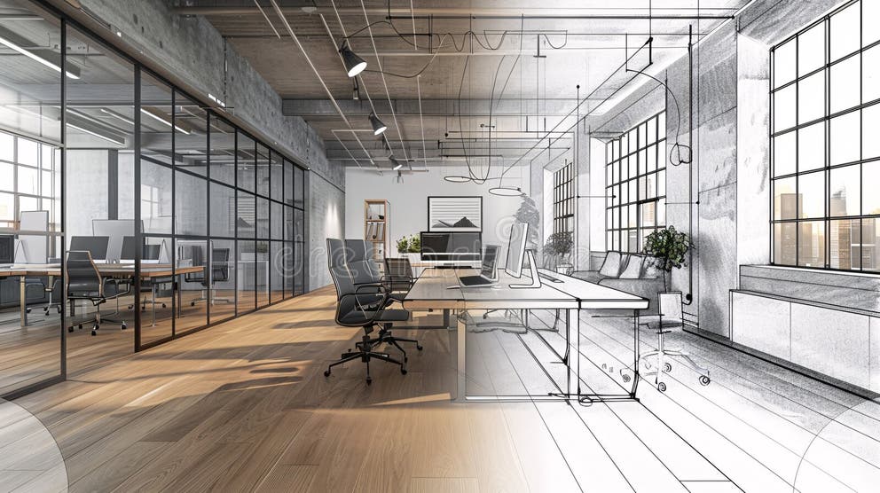 Modern Office Transition from Technical Drawing, Blueprint To Reality ...
