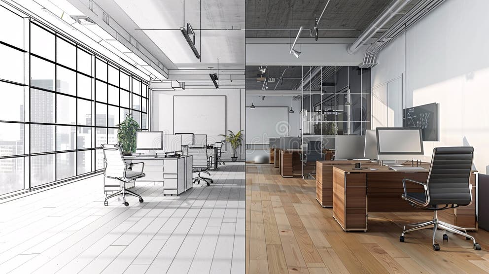 Modern Office Transition from Technical Drawing, Blueprint To Reality ...