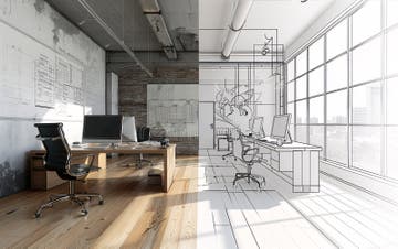 Modern Office Transition from Technical Drawing, Blueprint To Reality ...