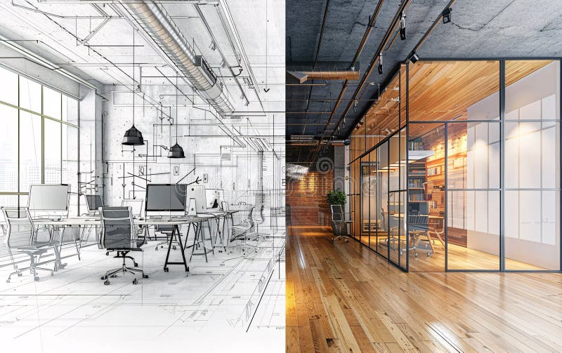 Modern Office Transition from Technical Drawing, Blueprint To Reality ...