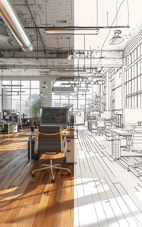 Modern Office Transition from Technical Drawing, Blueprint To Reality ...
