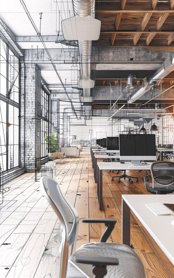 Modern Office Transition from Technical Drawing, Blueprint To Reality ...