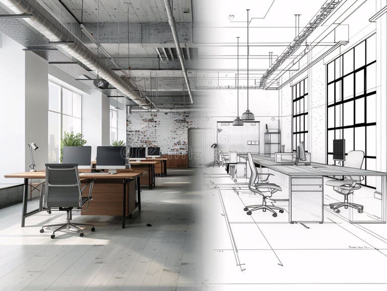 Modern Office Transition from Technical Drawing, Blueprint To Reality ...