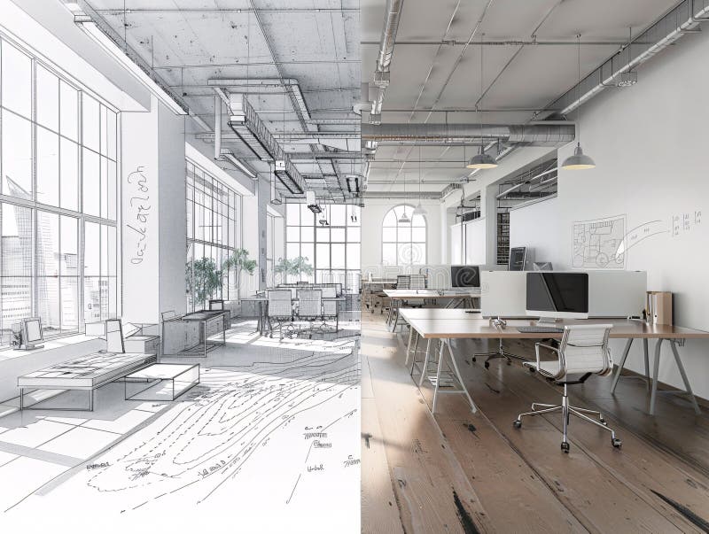 Modern Office Transition from Technical Drawing, Blueprint To Reality ...