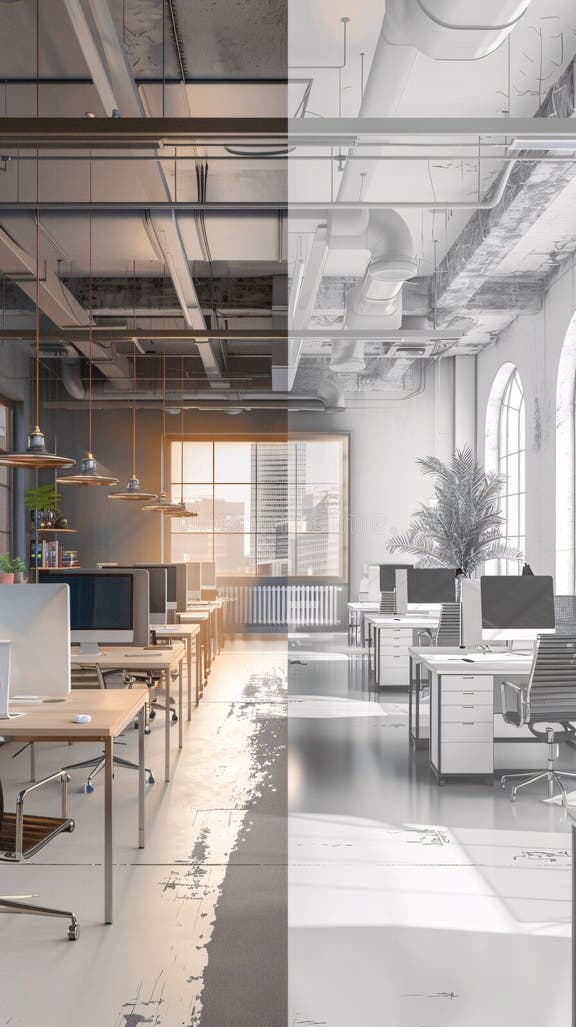 Modern Office Transition from Technical Drawing, Blueprint To Reality ...