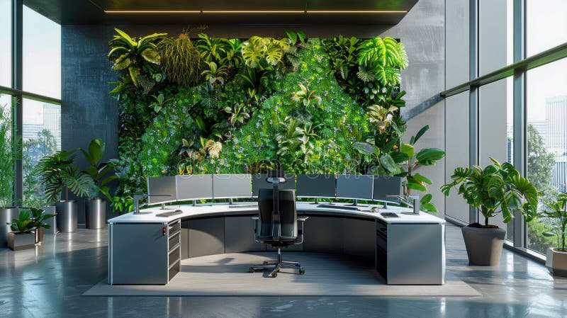 Modern Office with Vertical Garden and Multiple Monitors. Generative Ai ...