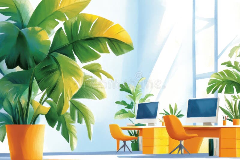 Modern Office with Vibrant Greenery and Natural Light Interior Design ...