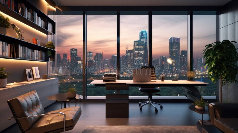 Modern Office with a View of the City. Generative AI Stock Illustration ...