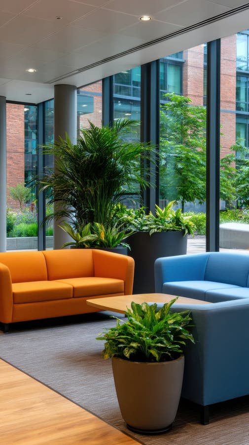 Modern Office Waiting Area with Orange and Blue Sofas, Plants, and ...