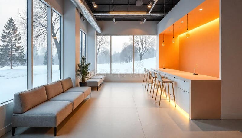 Modern Office Waiting Area with Winter View from Windows Stock ...