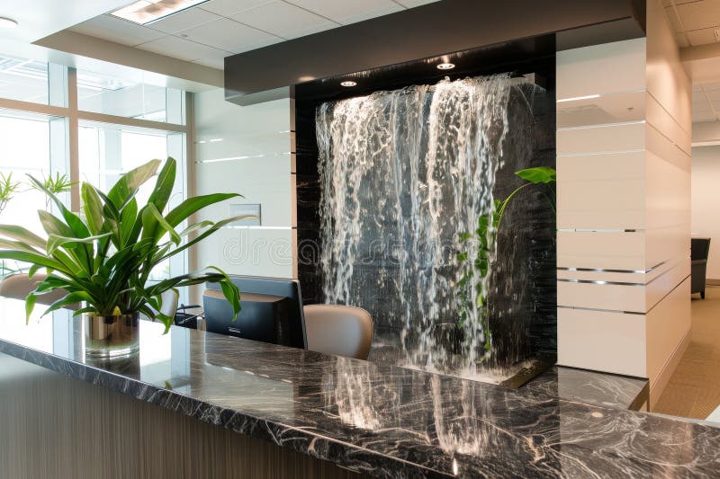Modern Office with Wallmounted Waterfall Behind Reception Desk Stock ...