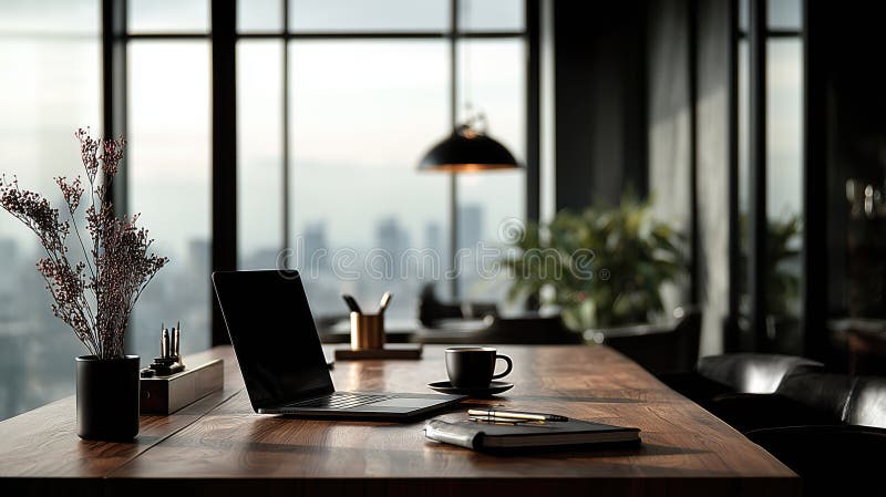 Modern Office with Walnut Desk and City View Stock Image - Image of ...