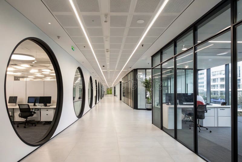 Modern Office with White Corridor and Rounded Black Partitions Stock ...