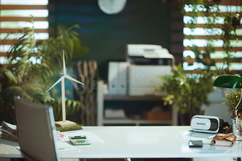 Modern Office with White Desk, Wind Turbine and Vr Headset Stock Image ...