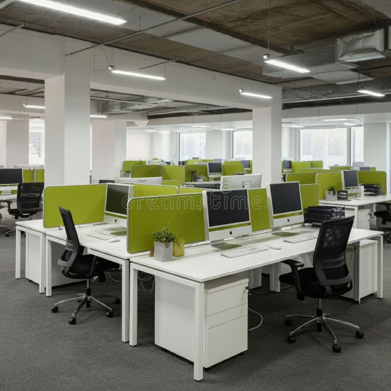 Modern Office with White Desks and Green Partition Panels, Featuring ...