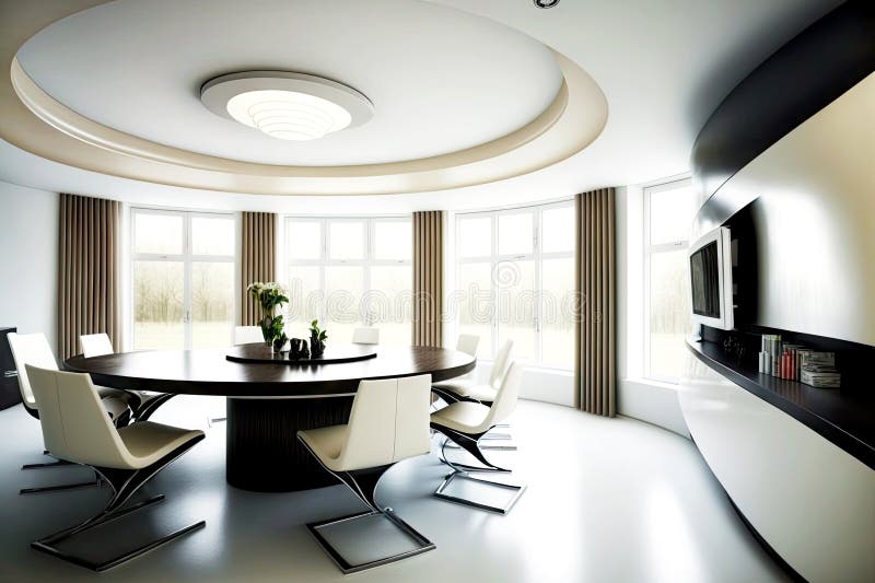 Modern Office with White Interior and Round Conference Table Stock ...