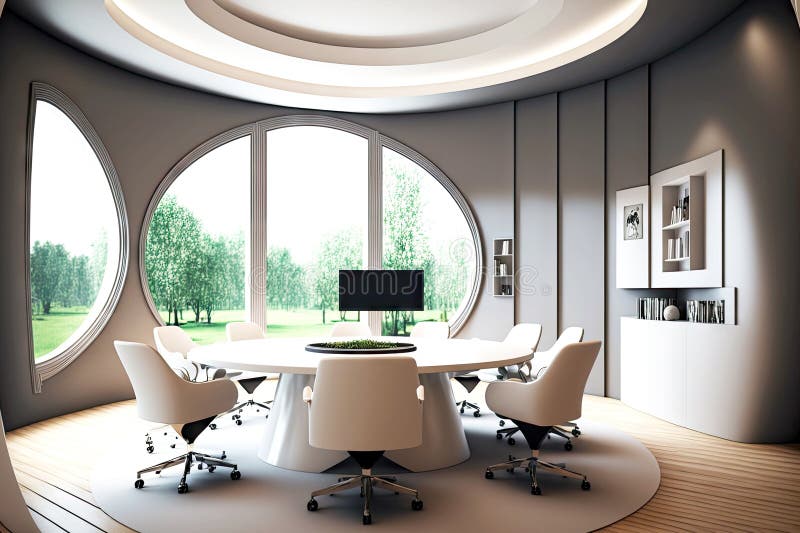 Modern Office with White Interior and Round Conference Table Stock ...