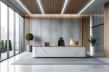 A Modern Office with a White Reception Desk in Front of a Large Window ...