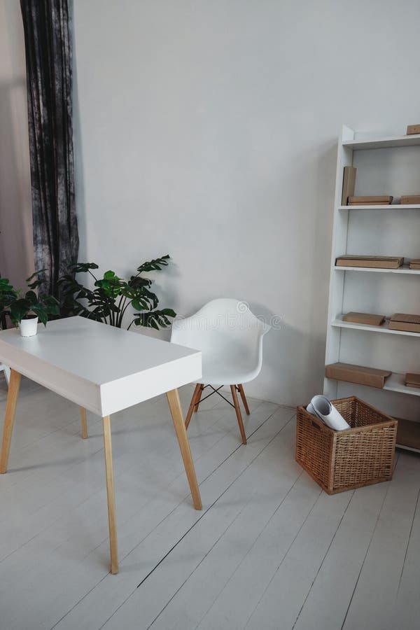 Modern Office with White Table and Chair Stock Image - Image of place ...