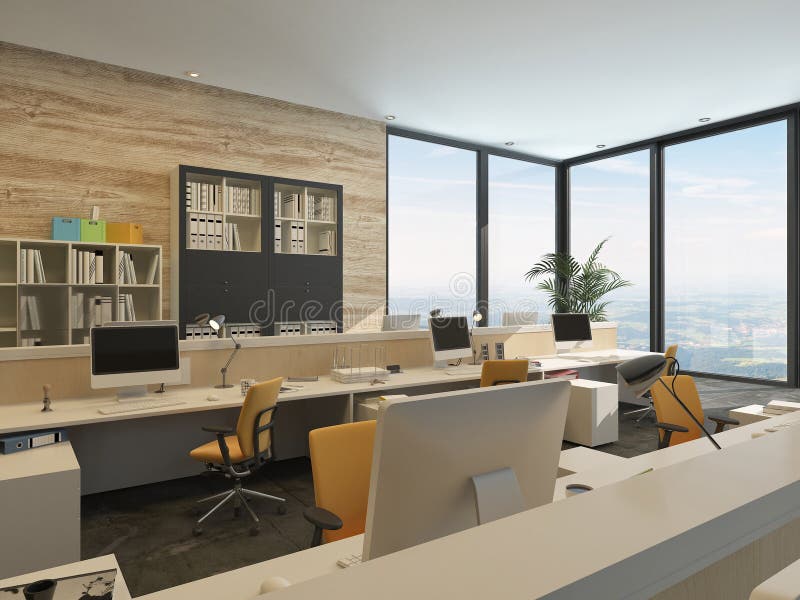 Modern Office with Work Stations in High Rise Stock Illustration ...