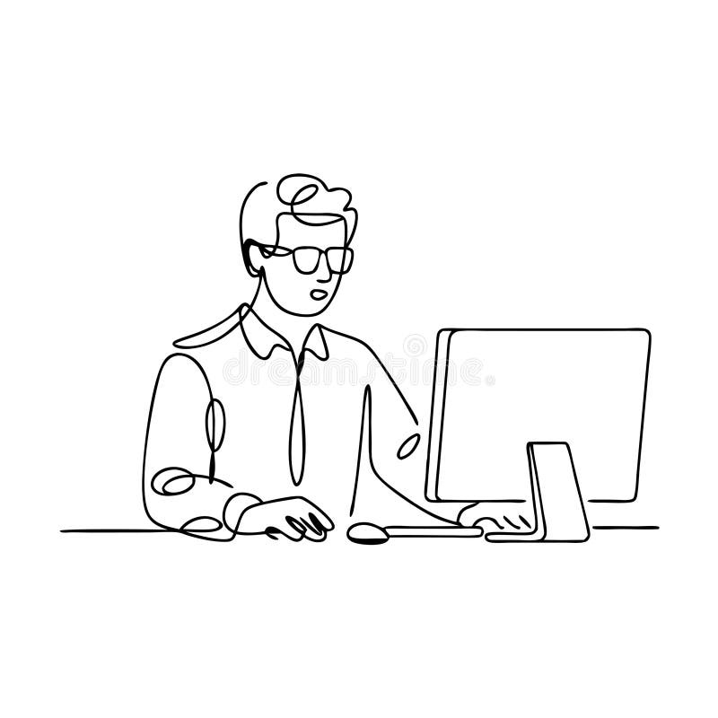Modern Office Worker at Computer Continuous Line Drawing Vector ...