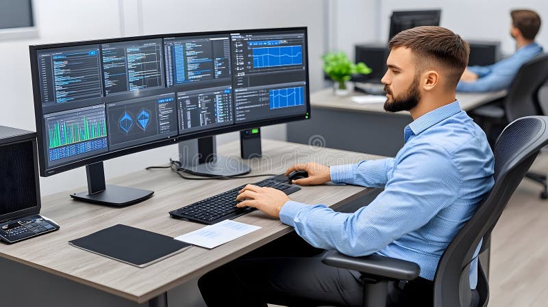 Modern Office Worker at Computer Stock Illustration - Illustration of ...