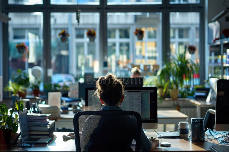 Modern Office Worker in Contemporary Workplace with Openplan Desk and ...