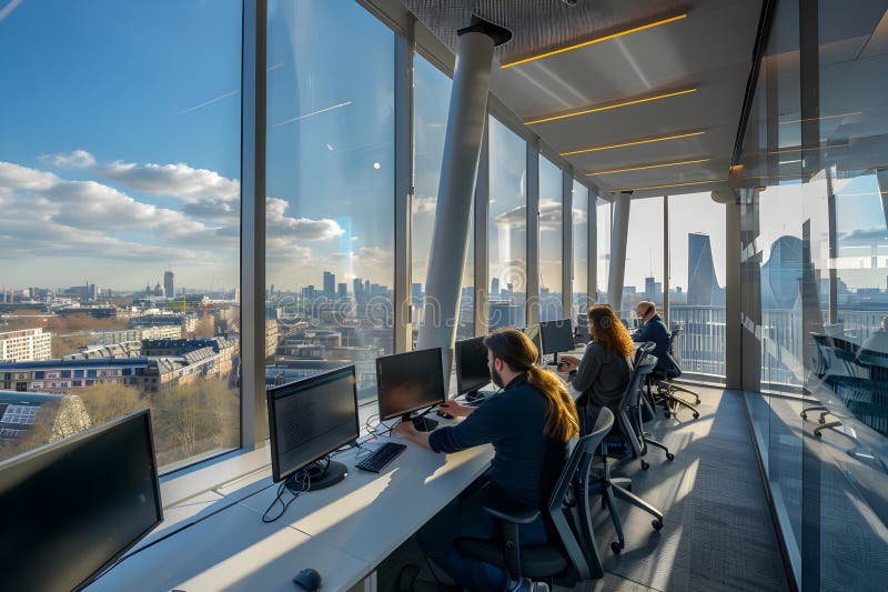 Modern Office Workers Collaborate on Projects, Enjoying Panoramic City ...