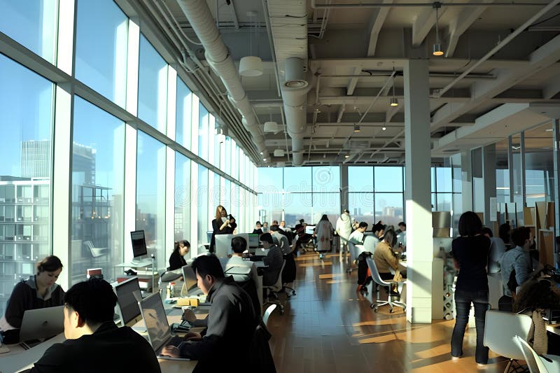 Modern Office Workers Collaborate on Projects in Sunlit Open-Plan ...