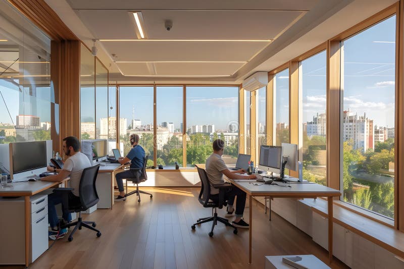 Modern Office Workers Collaborate on Projects, Utilizing Advanced Technology in Sunlit Workspace ...