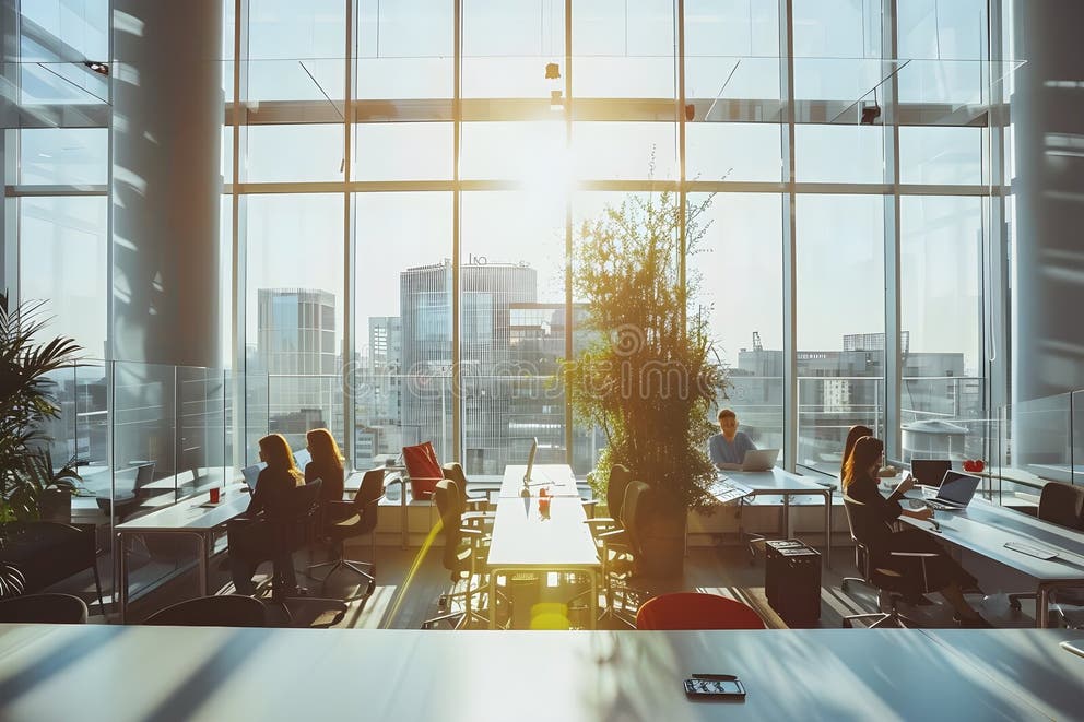 Modern Office Workers Collaborate on Projects, Utilizing Laptops and Desktops in Sunlit, High ...