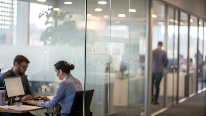 Modern Office Workers Collaborating Behind Glass Partition Stock ...